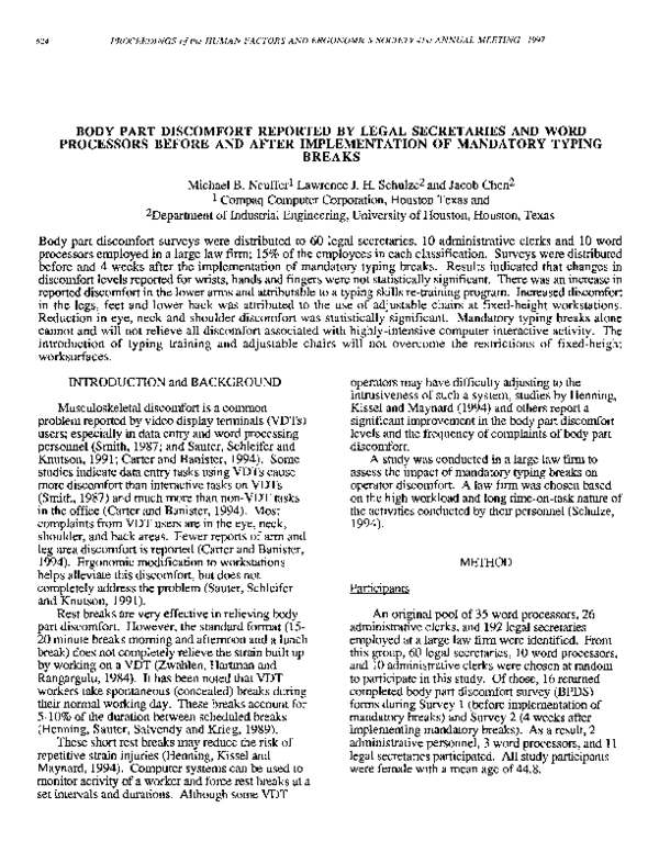 (PDF) Body Part Discomfort Reported by Legal Secretaries and Word ...