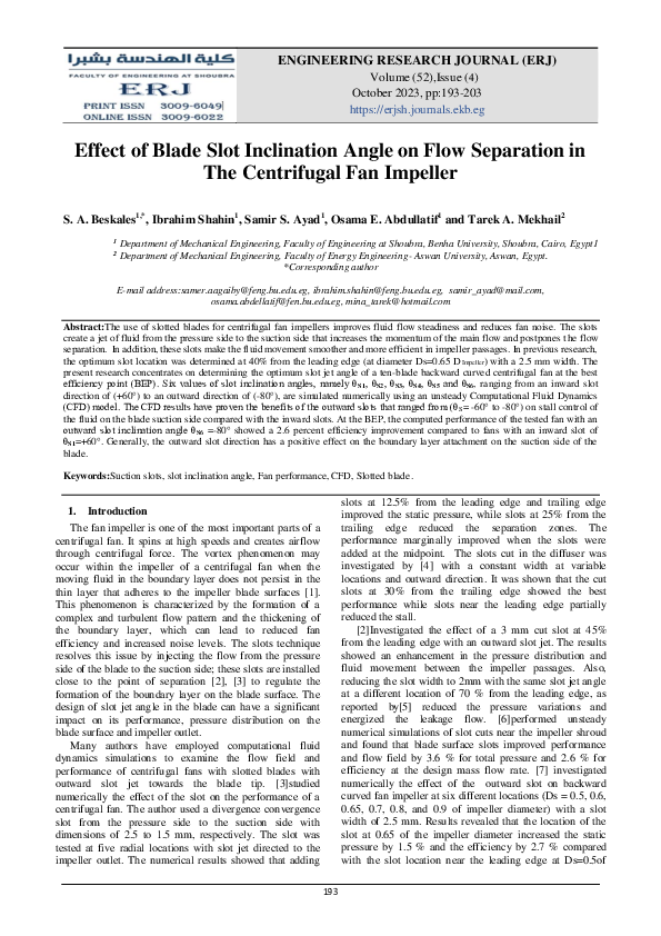 (PDF) Effect of Blade Slot Inclination Angle on Flow Separation in The Centrifugal Fan Impeller ...