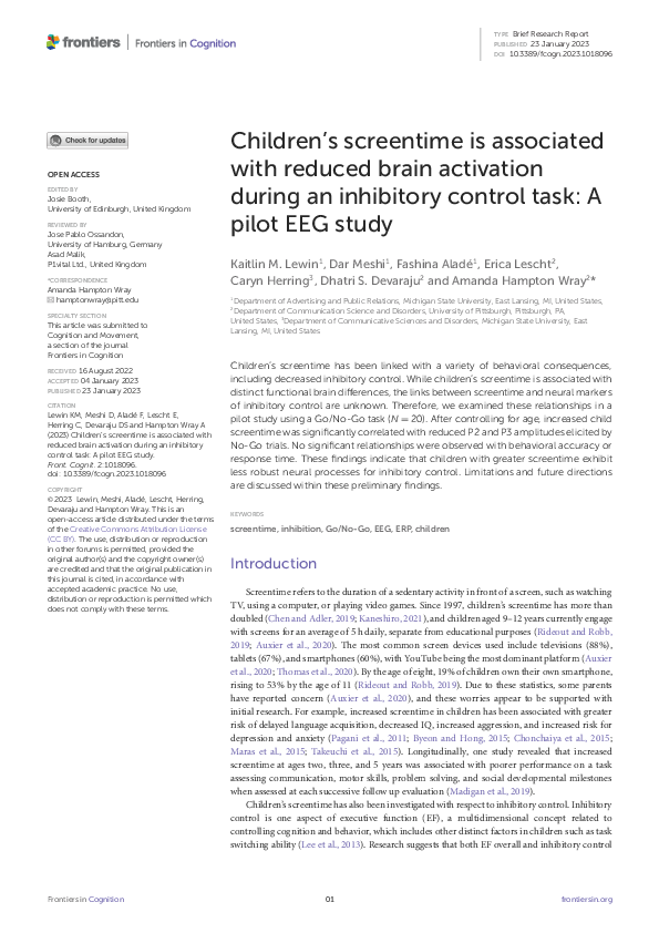 (PDF) Children's screentime is associated with reduced brain activation ...