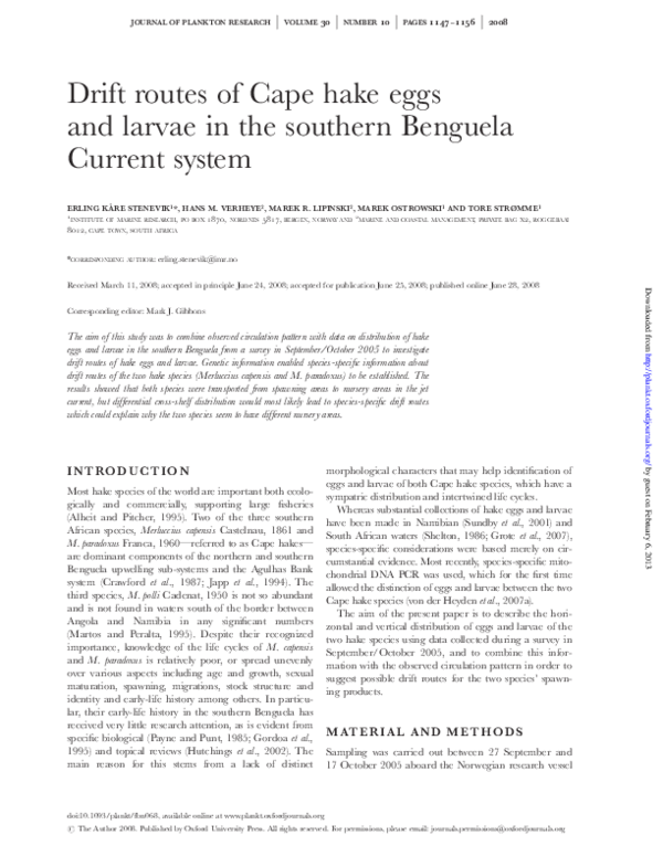(PDF) Drift routes of Cape hake eggs and larvae in the southern ...