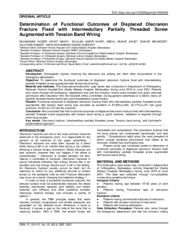 (PDF) Determination of Functional Outcomes of Displaced Olecranon ...