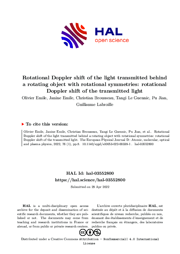 (PDF) Rotational Doppler shift of the light transmitted behind a ...
