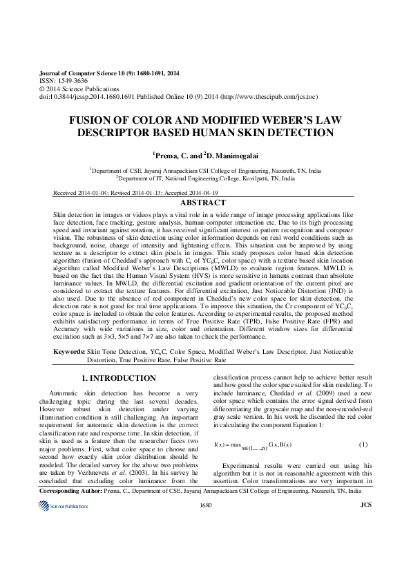 (PDF) Fusion of Color and Modified Weber s Law Descriptor Based Human Skin Detection | C PREMA ...