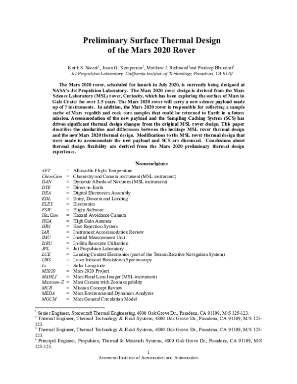 (PDF) Preliminary Surface Thermal Design of the Mars 2020 Rover