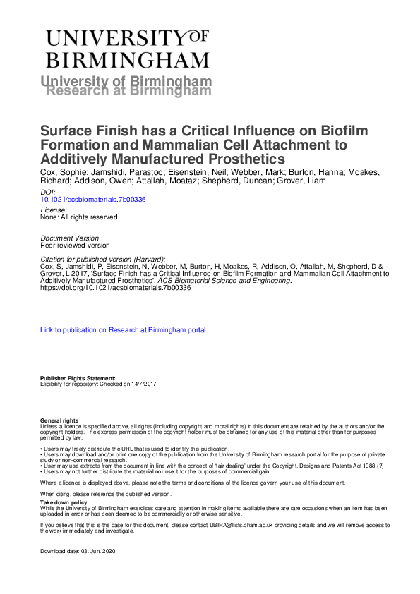 (PDF) Surface Finish has a Critical Influence on Biofilm Formation and Mammalian Cell Attachment ...