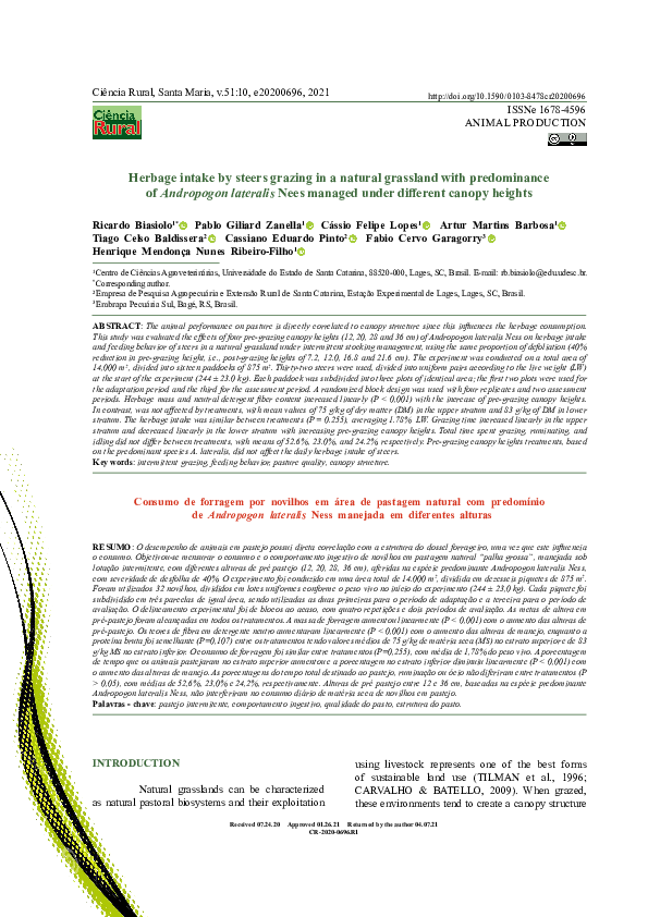 (PDF) Herbage intake by steers grazing in a natural grassland with ...