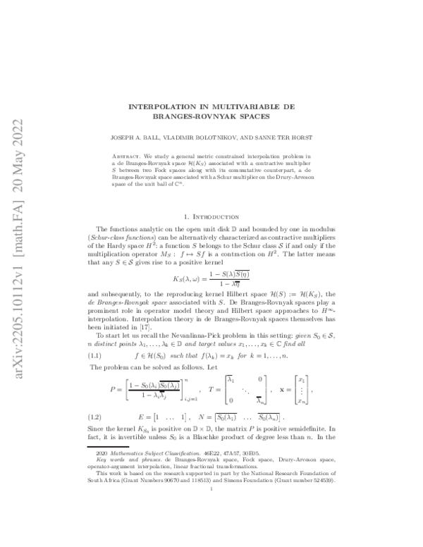 (PDF) Metric Constrained Interpolation in de Branges-Rovnyak Spaces