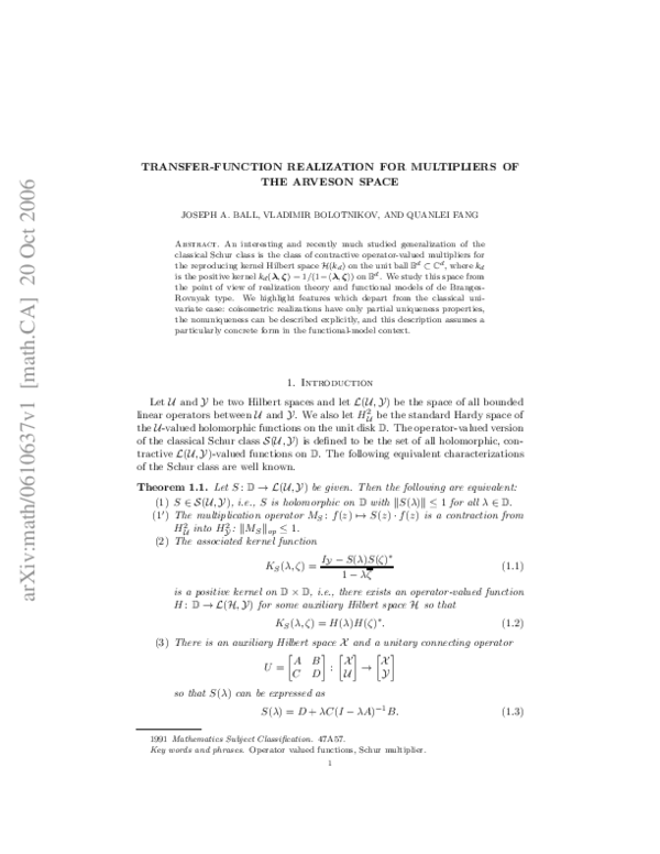 (PDF) Transfer-function realization for multipliers of the Arveson space