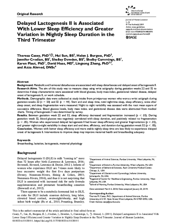 (PDF) Delayed Lactogenesis II is Associated With Lower Sleep Efficiency ...