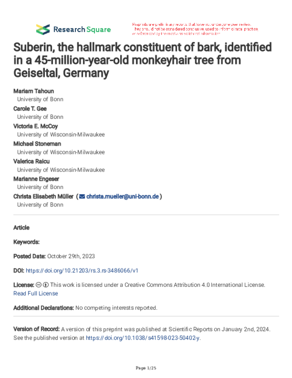 (PDF) Suberin, the hallmark constituent of bark, identified in a 45 ...