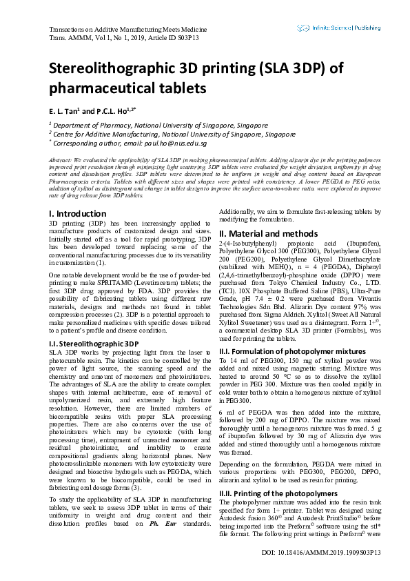 (PDF) Stereolithographic 3D printing (SLA 3DP) of pharmaceutical tablets