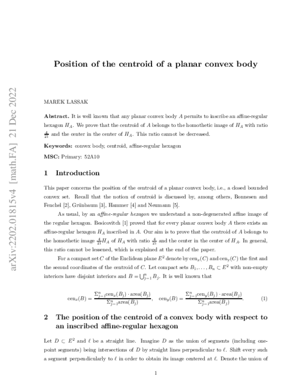 (PDF) Position of the centroid of a planar convex body