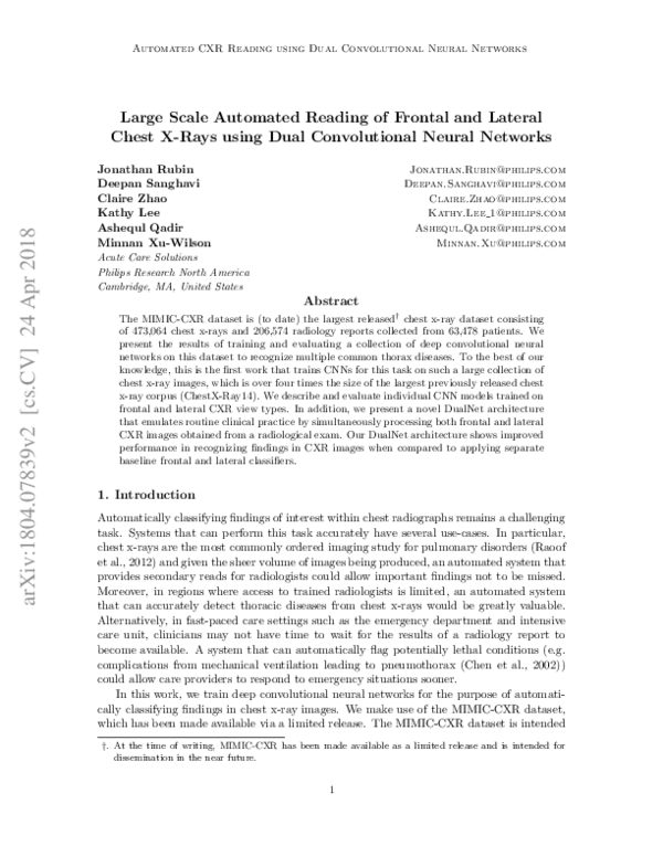 (PDF) Large Scale Automated Reading of Frontal and Lateral Chest X-Rays using Dual Convolutional ...