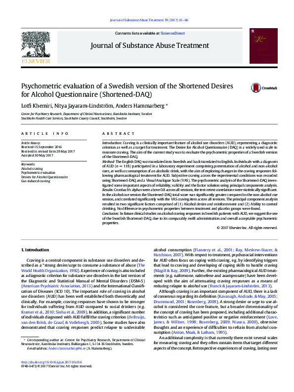 (PDF) Psychometric evaluation of a Swedish version of the Shortened ...