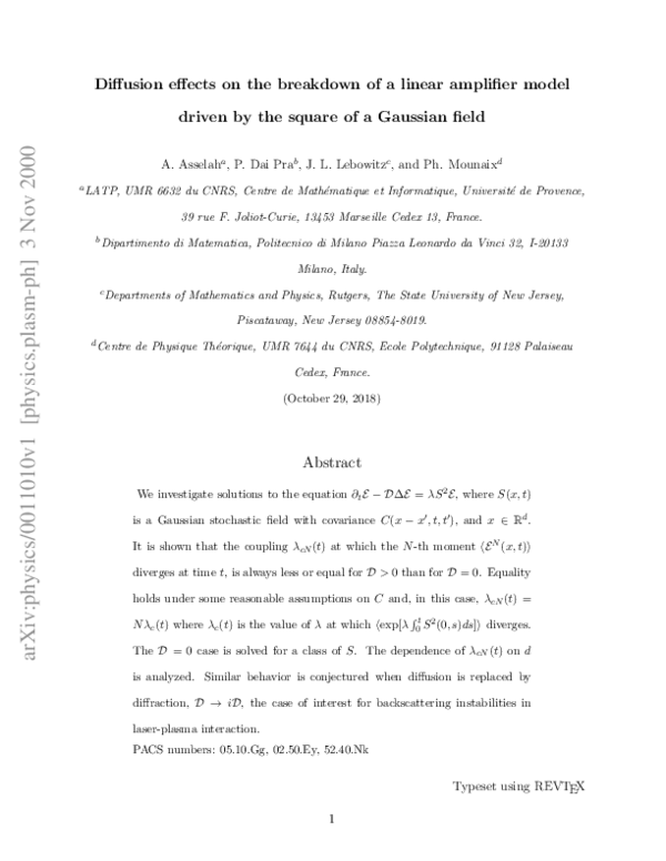 (PDF) Diffusion Effects on the Breakdown of a Linear Amplifier Model Driven by the Square of a ...