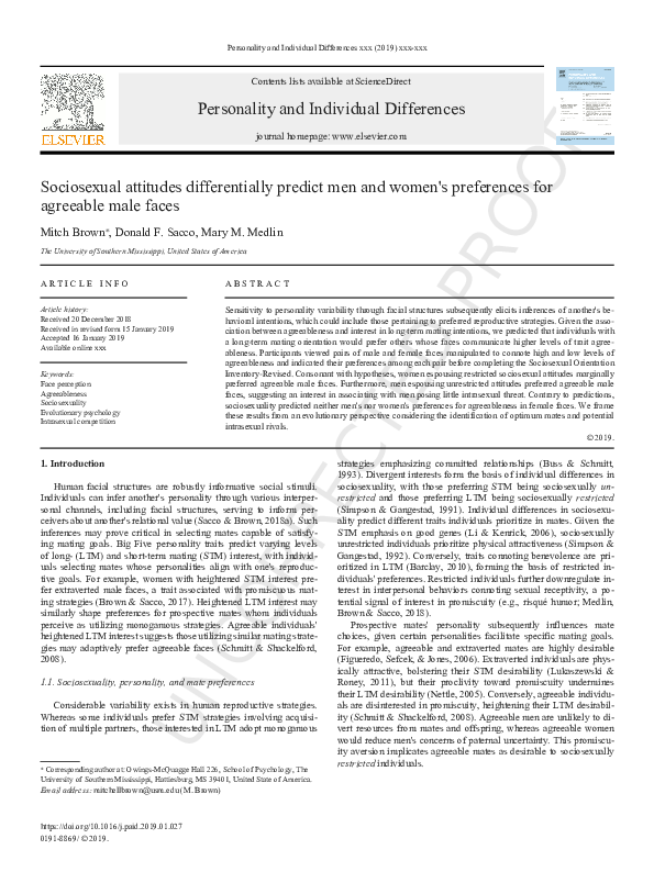 (PDF) Sociosexual attitudes differentially predict men and women's ...