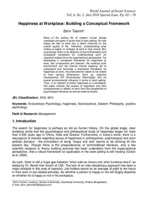 (PDF) Happiness at Workplace: Building a Conceptual Framework