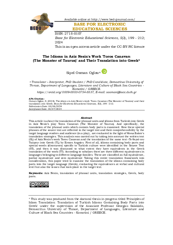 (PDF) The Idioms in Aziz Nesin's Work 'Toros Canavarı (The Monster of ...