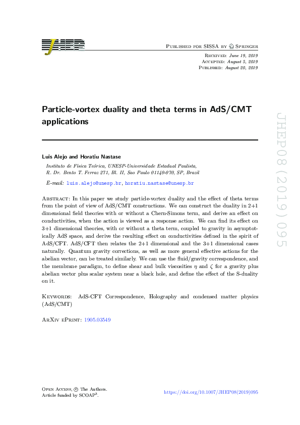 (PDF) Particle-vortex duality and theta terms in AdS/CMT applications