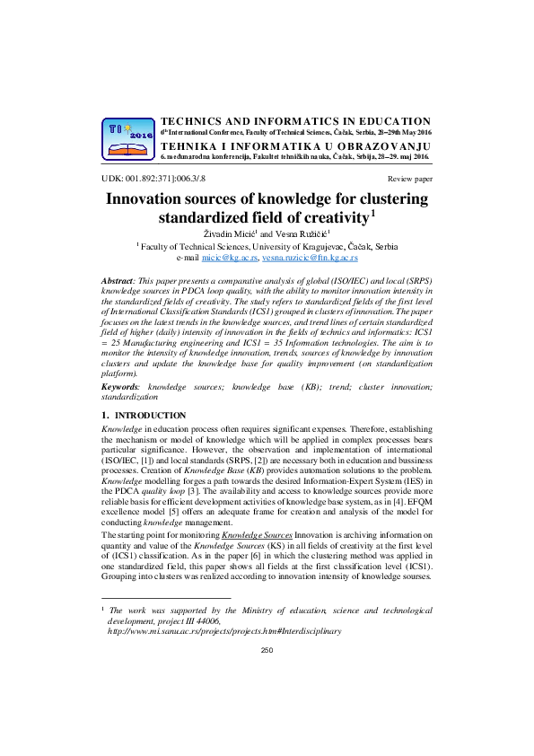 (PDF) Innovation sources of knowledge for clustering standardized field of creativity 1 | Vesna ...