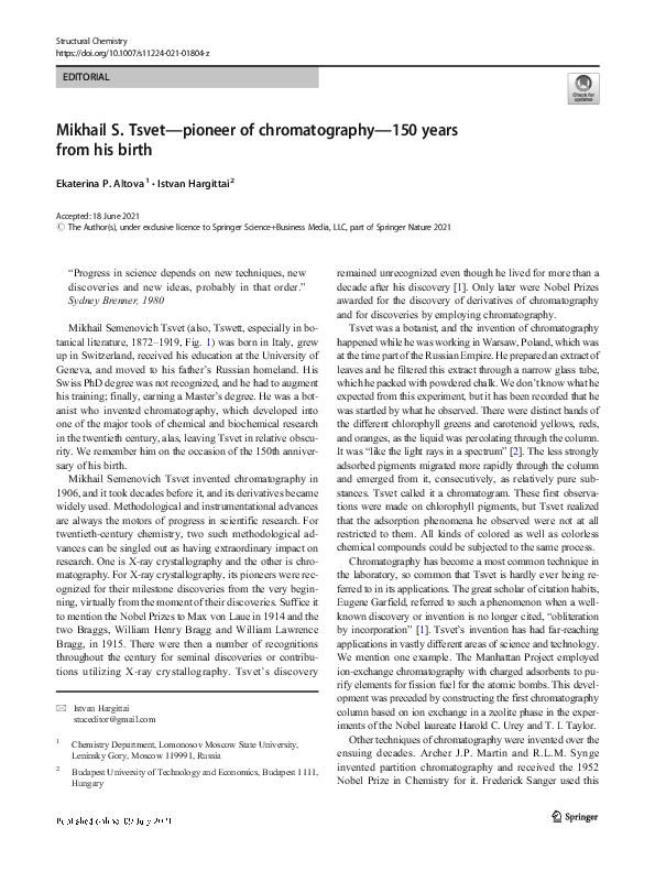(PDF) Mikhail S. Tsvet—pioneer of chromatography—150 years from his birth