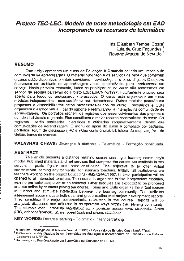 (PDF) Projeto TEC-LEC: Modelo de nova metodologia em EAD incorporando os recursos da telemática