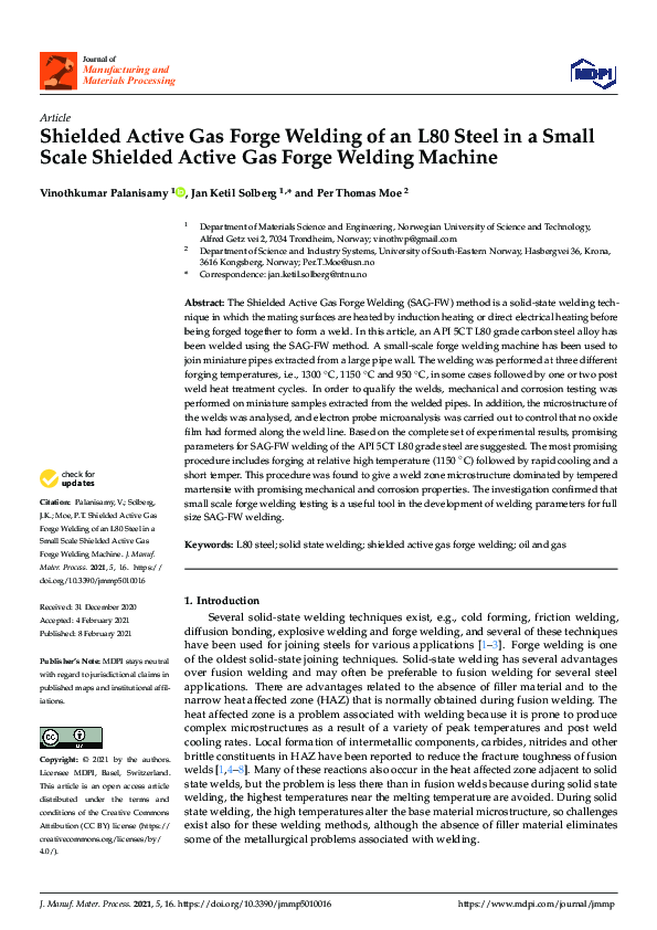 (PDF) Shielded Active Gas Forge Welding of an L80 Steel in a Small ...