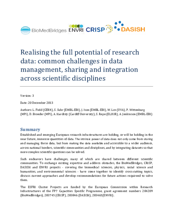 (PDF) Realising the full potential of research data: common challenges ...