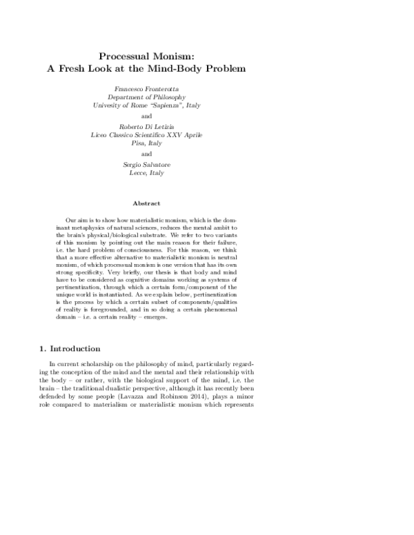 (PDF) Processual Monism: A Fresh Look at the Mind-Body Problem