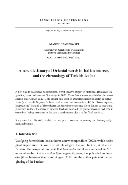 (PDF) A new dictionary of Oriental words in Italian sources, and the ...