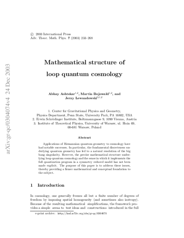 (PDF) Mathematical structure of loop quantum cosmology