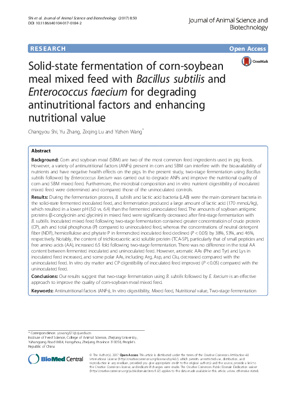 Pdf Solid State Fermentation Of Corn Soybean Meal Mixed Feed With Bacillus Subtilis And