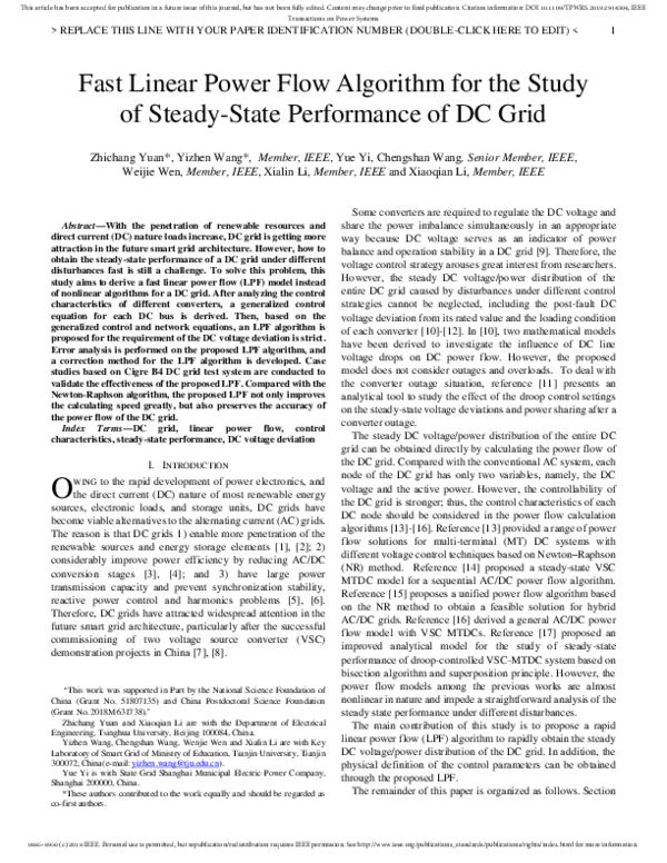 (PDF) Fast Linear Power Flow Algorithm for the Study of Steady-State Performance of DC Grid
