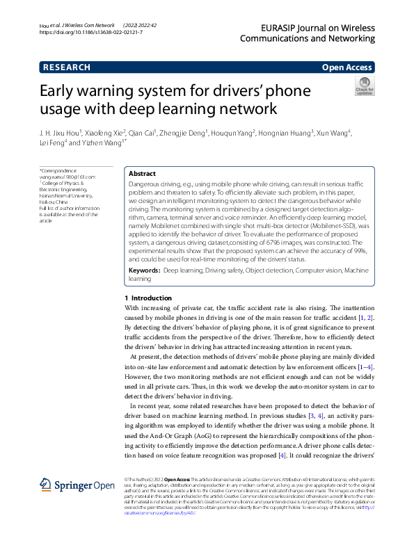 (PDF) Early warning system for drivers’ phone usage with deep learning network
