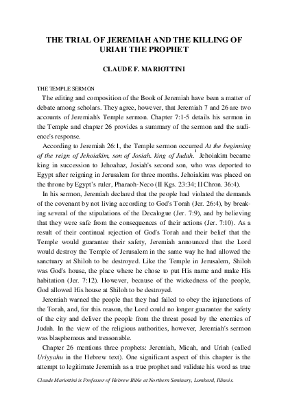 (PDF) The Trial of Jeremiah and the Killing of Uriah the Prophet