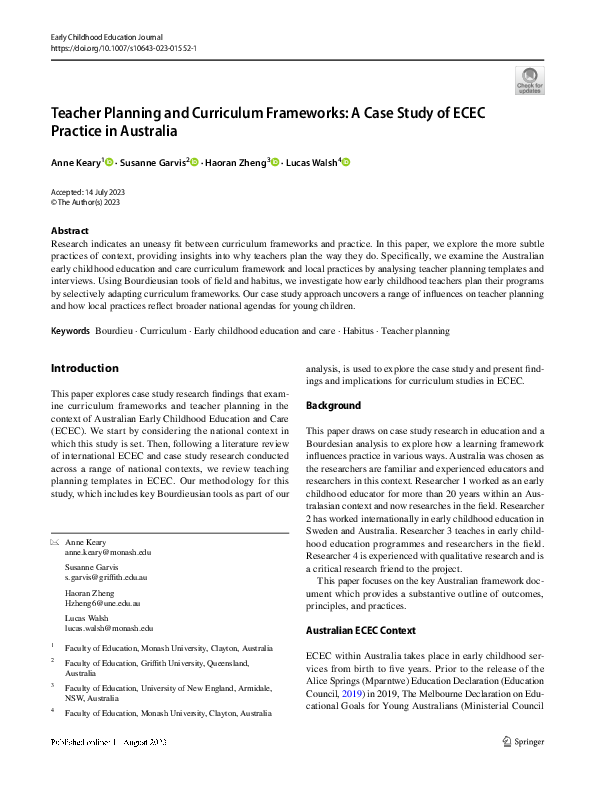 (PDF) Teacher Planning and Curriculum Frameworks: A Case Study of ECEC Practice in Australia