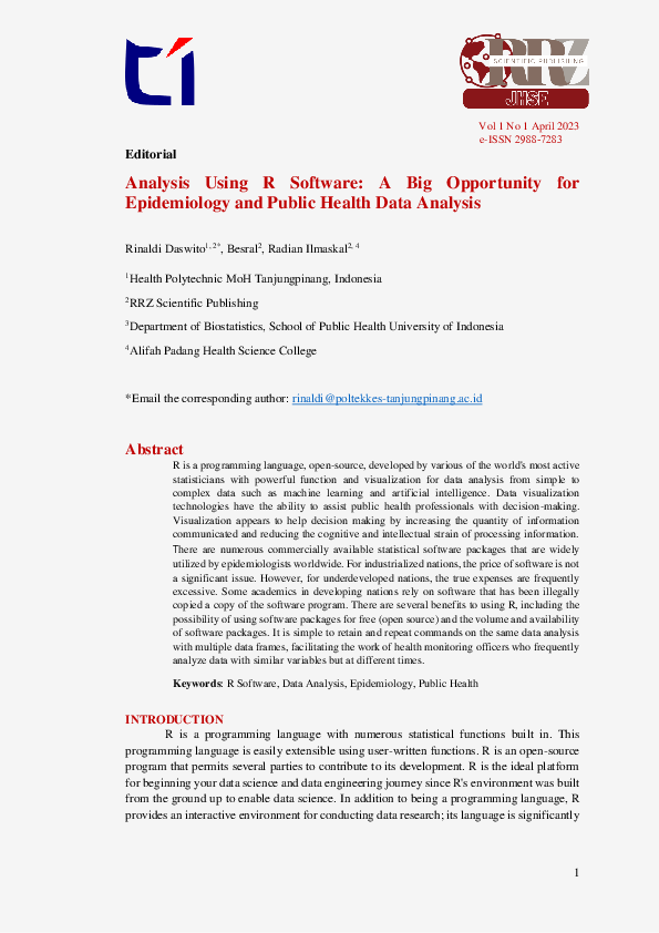 (PDF) Analysis Using R Software: A Big Opportunity for Epidemiology and Public Health Data Analysis