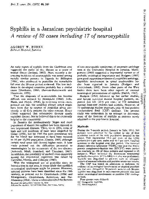(PDF) Syphilis in a Jamaican psychiatric hospital. A review of 52 cases including 17 of ...