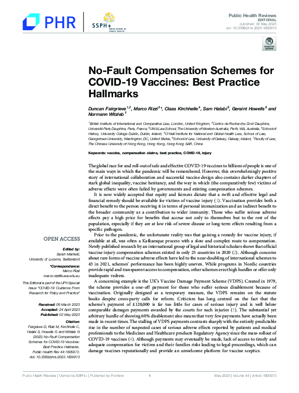 (PDF) No-Fault Compensation Schemes for COVID-19 Vaccines: Best Practice Hallmarks