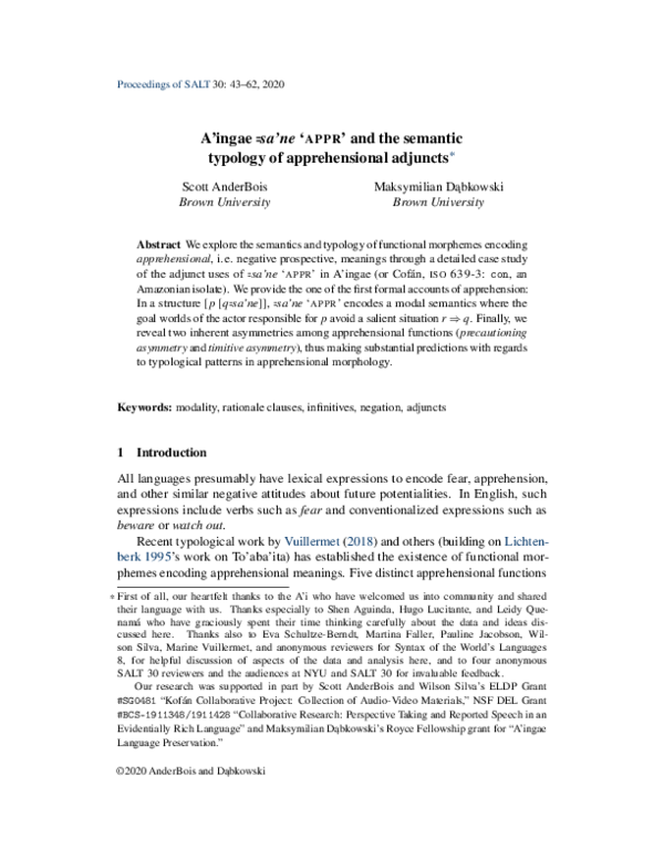 (PDF) A'ingae =sa'ne 'APPR' and the semantic typology of apprehensional ...