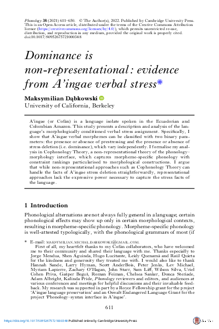(PDF) Dominance is non-representational: evidence from A'ingae verbal ...