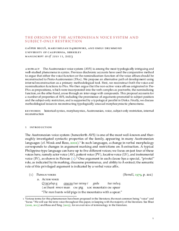 (PDF) The origins of the Austronesian voice system and subject-only ...
