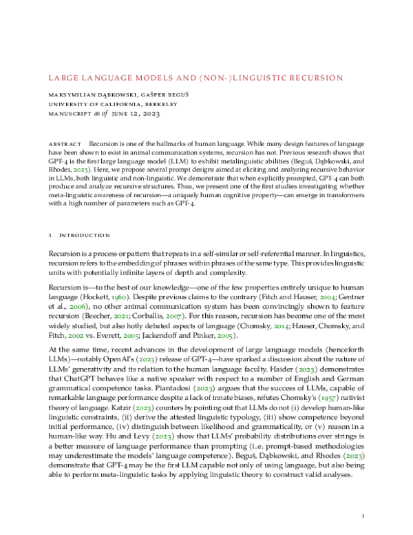 (PDF) Large language models and (non-)linguistic recursion