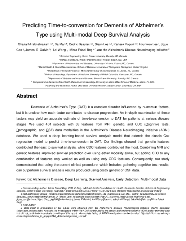 (PDF) Predicting time-to-conversion for dementia of Alzheimer's type using multi-modal deep ...