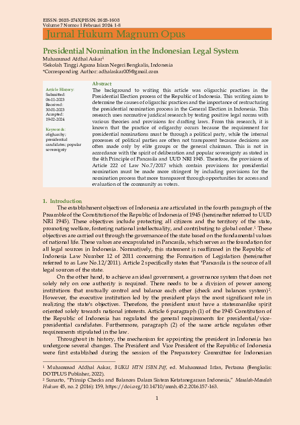 (PDF) Presidential Nomination in the Indonesian Legal System