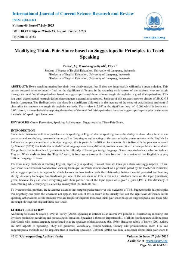 (PDF) Modifying Think-Pair-Share based on Suggestopedia Principles to ...