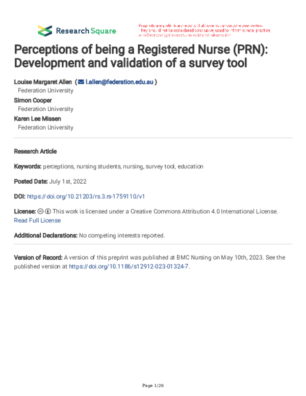 (PDF) Perceptions of being a Registered Nurse (PRN): Development and ...