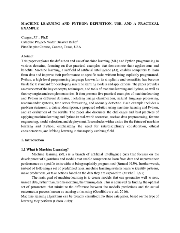 (PDF) MACHINE LEARNING AND PYTHON: DEFINITION, USE, AND A PRACTICAL EXAMPLE