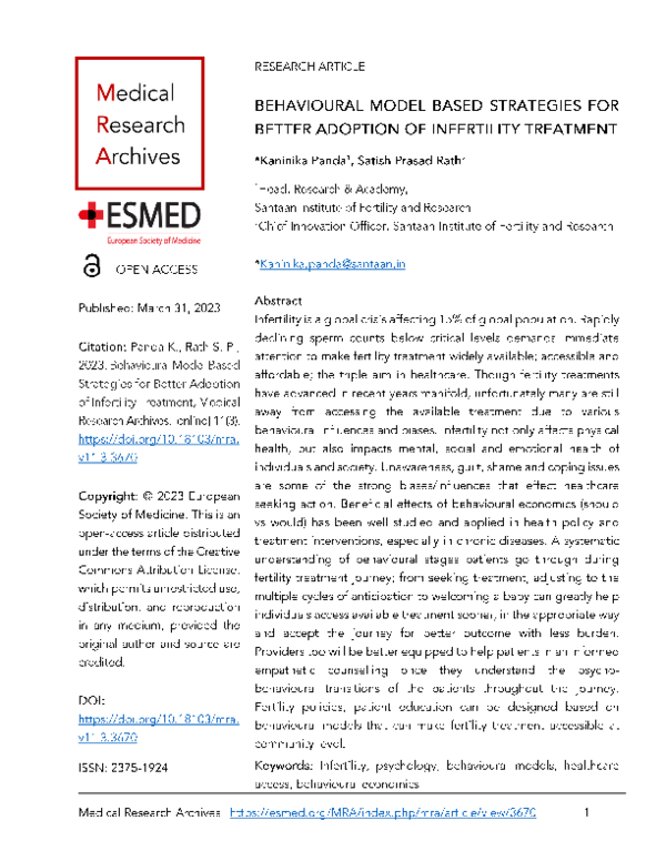 (PDF) Behavioural Model Based Strategies for Better Adoption of Infertility Treatment | satish ...