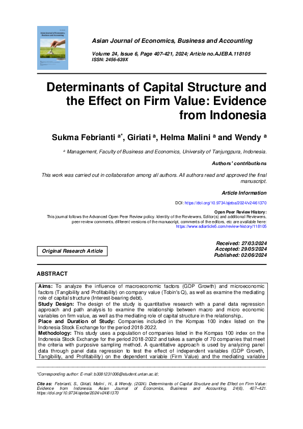 (PDF) Determinants of Capital Structure and the Effect on Firm Value: Evidence from Indonesia